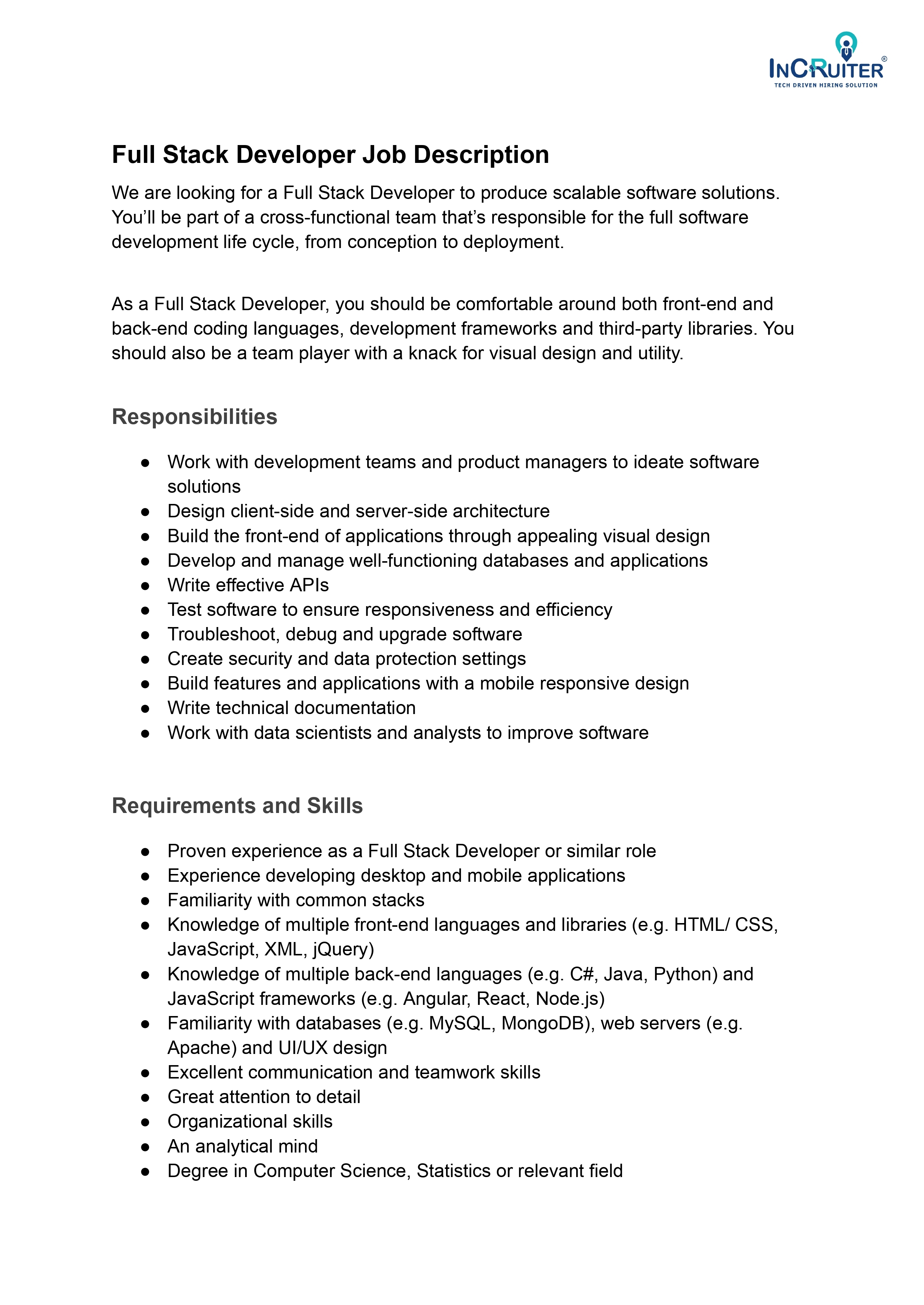 Free AI Job Description Generator, JD Creator - InCruiter